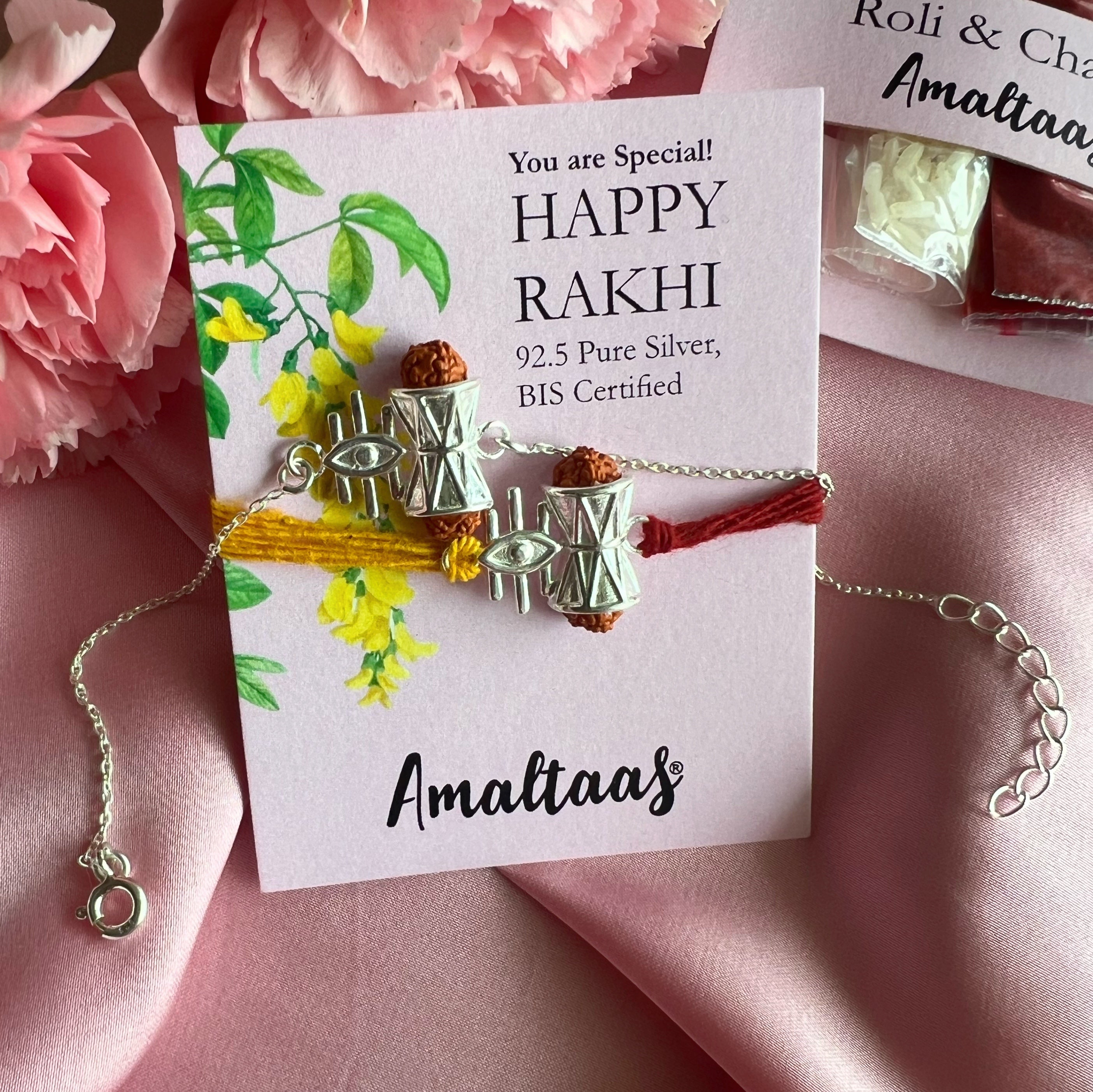 COMBO RAKHI – Rudra Triveni Damru 92.5 Silver Rakhi for Bhai & Bhabhi ...